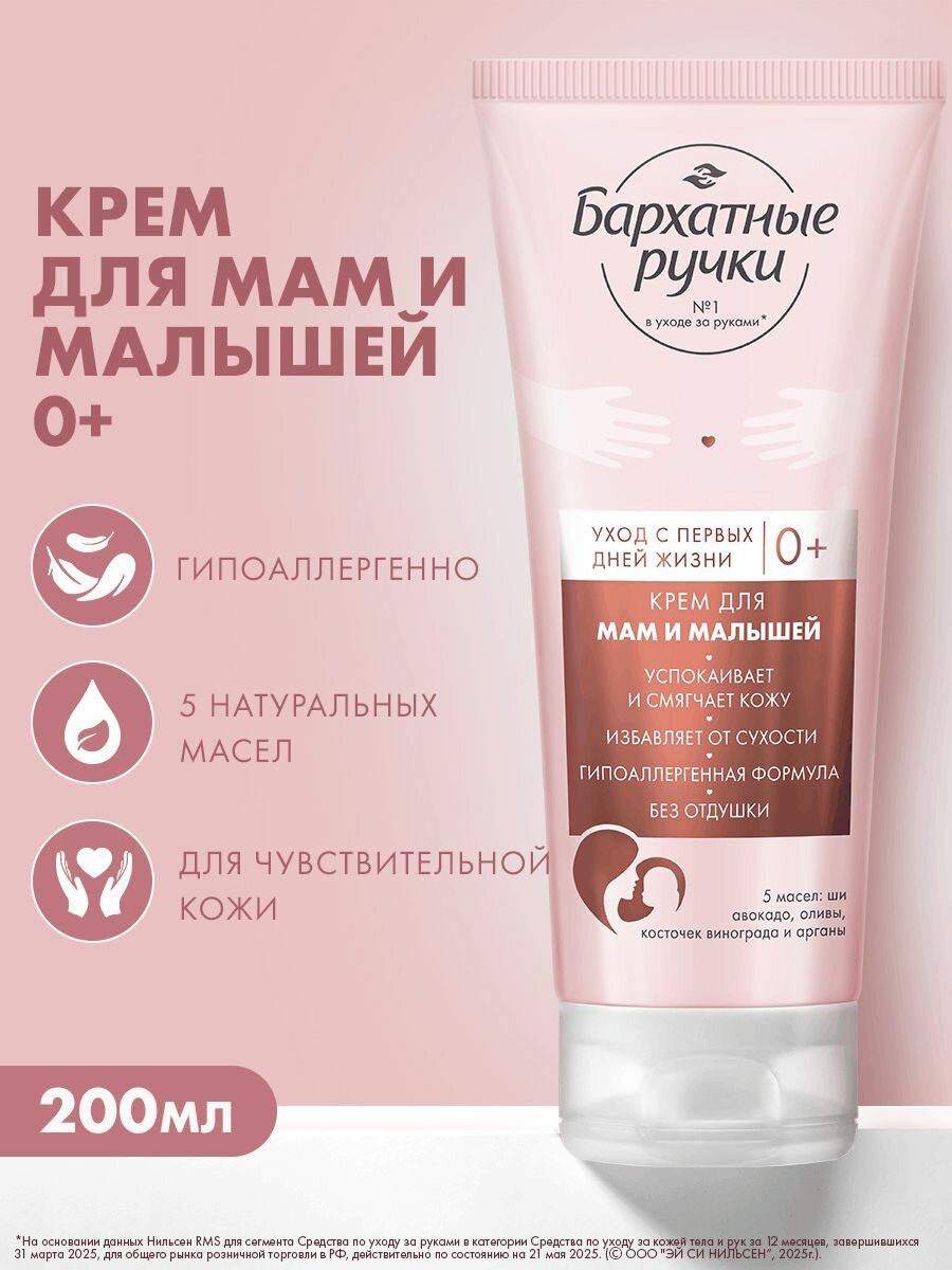 Бархатные Ручки Крем для рук, лица и тела увлажняющий для сухой кожи, детский под подгузник для новорожденных, успокаивающий лосьон с пантенолом, 200 мл