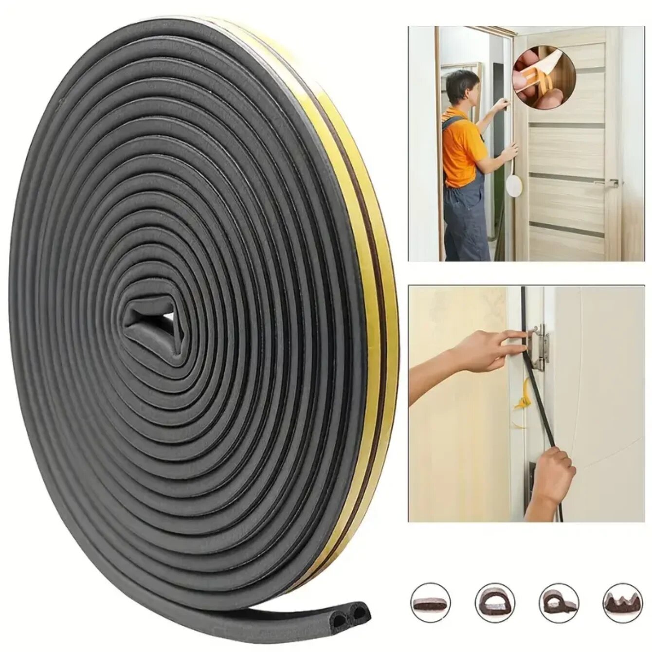 Самоadhesive rubber door and window seal strip 5m/10m Черный, black, 10M, D