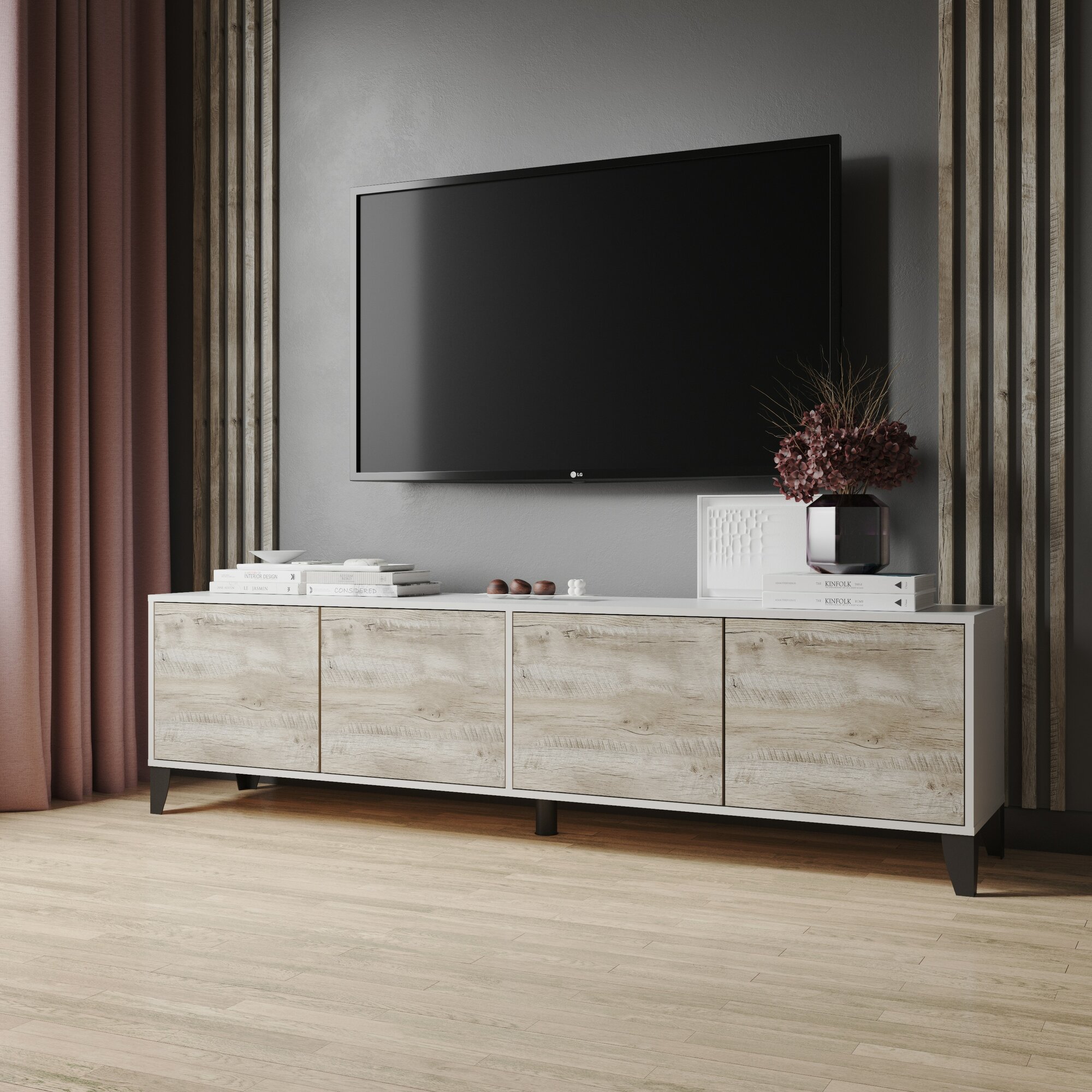 Тумба под телевизор Парус-11 на ножках 2002х550х400мм Белый/дуб юкон