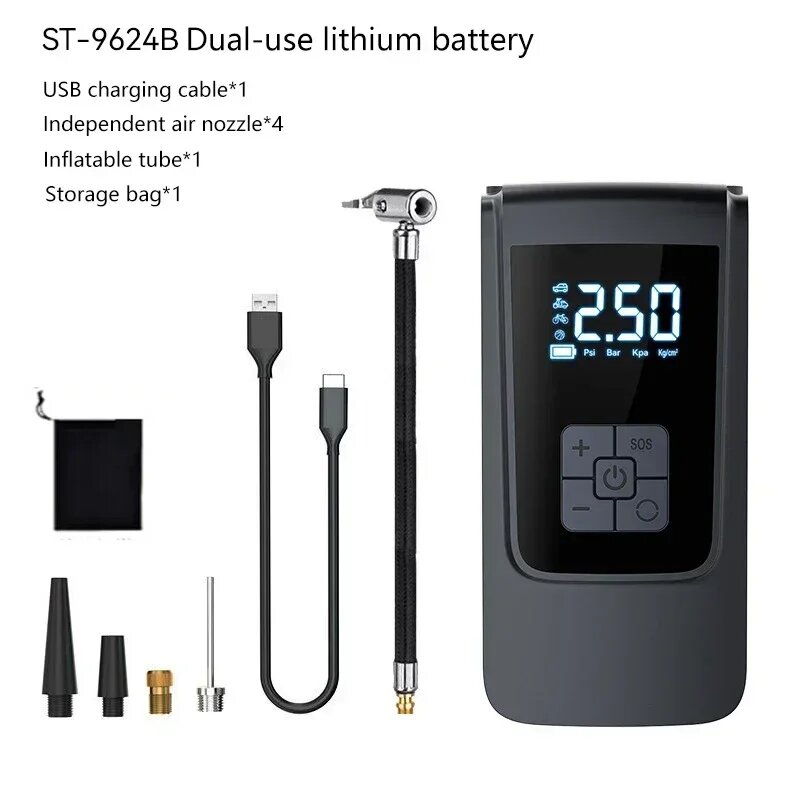 Беспроводной автомобильный воздушный насос, портативный воздушный компрессор, электрический накачиватель шин с ЖК-цифровым дисплеем для автомобилей, мотоциклов, велосипедного мяча, Powered