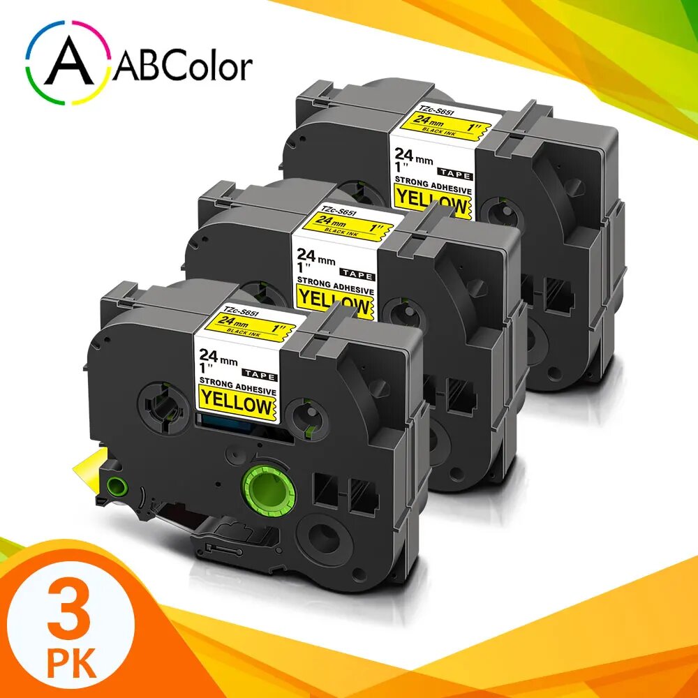 3PK совместимая с сильной клейкой лентой S251 S151 S651 SM951 лента для принтера 24 мм для этикеток, Black on Yellow