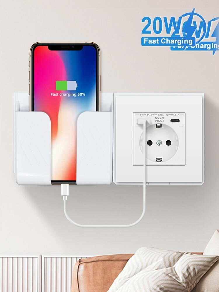Розетка USB A+C, 2.1А с электрической розеткой VISWE, type-c мощностью 20Вт,+ подставка под смартфон, белый,
