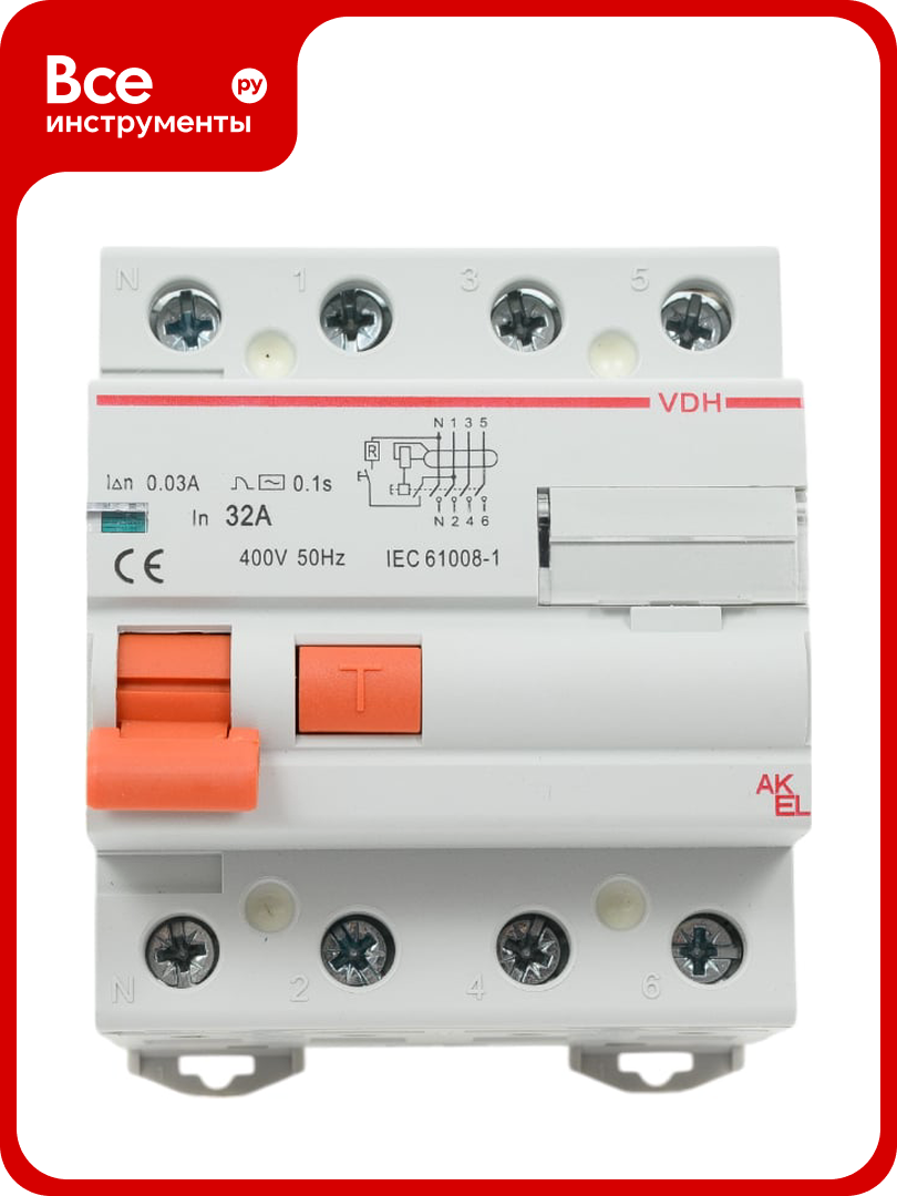 УЗО Akel-VDH-4P-32A-30mA-ТипAC/HOME 477027 дифференциальный автомат для DIN-рейки с электронным управлением