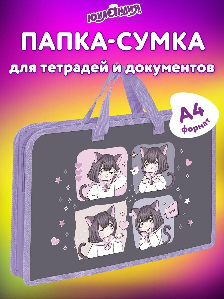 Папка сумка для тетрадей, труда, рисования и изо А4 для девочки на молнии с ручками, канцелярия для школы, 1 отделение, Юнландия Anime dreamer, 273357