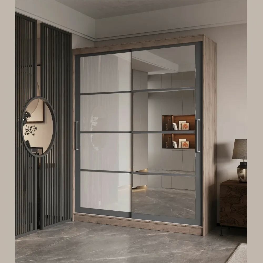 Шкаф-купе Гранд 1 1,6м Зеркало+Лакобель Дуб горный/Графит