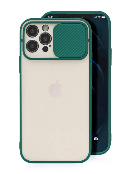 Накладка силикон для iPhone 12 Pro Max со шторкой для камеры темно-зелёная