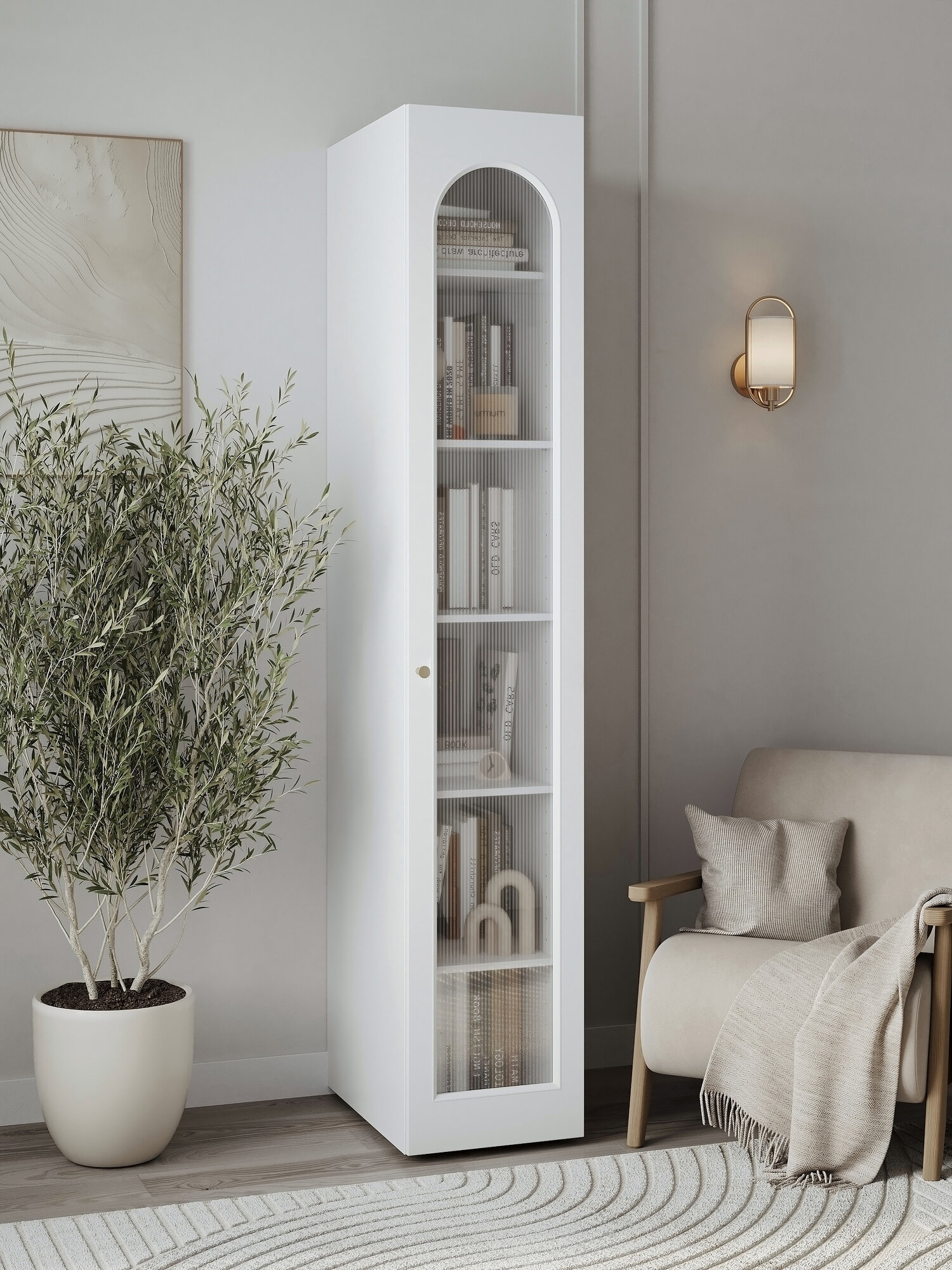 Шкаф шифоньер распашной для книг и вещей Puzzlemebel Арки, витрина, 6 полок, узкий, ширина 40, высота 220, правый, белый