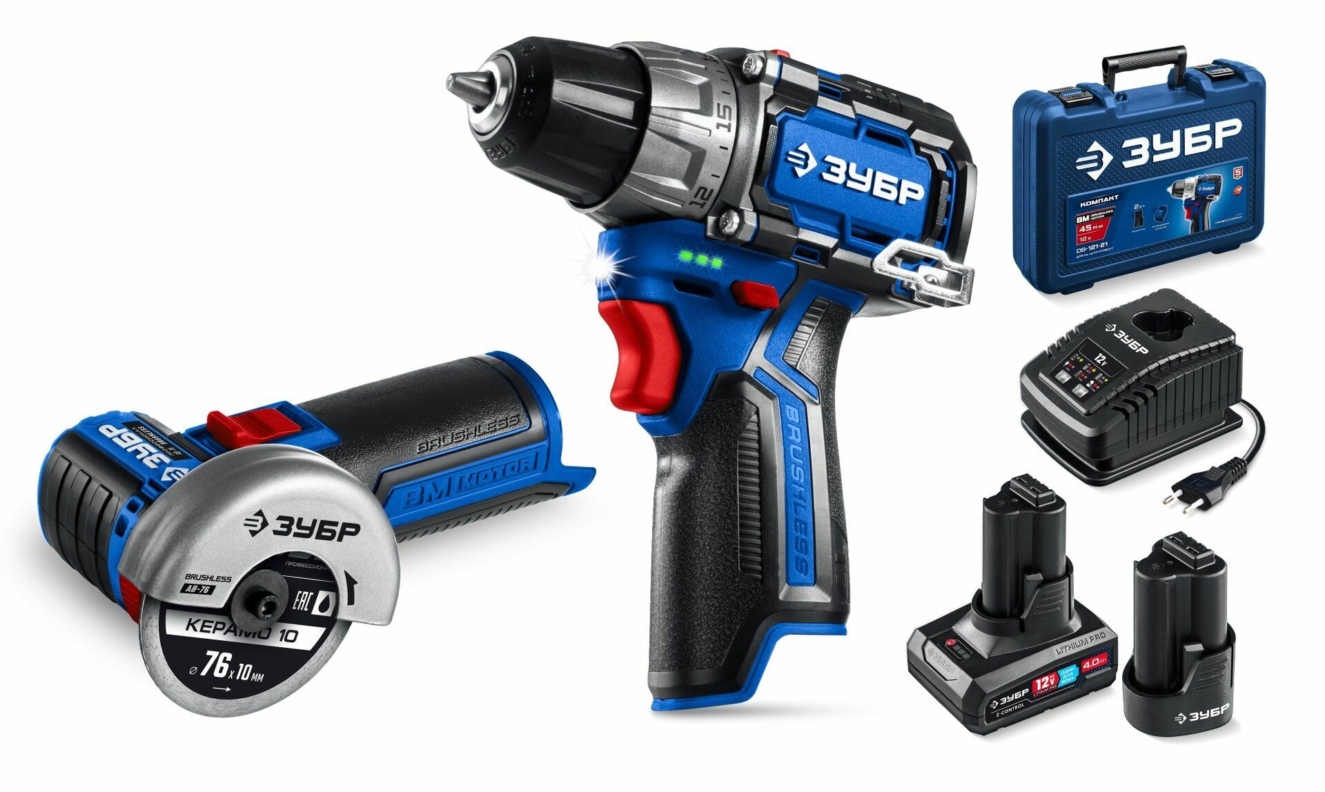 Дрель-шуруповерт аккумуляторная бесщеточная + мини УШМ 12 В 45 Нм 2 АКБ 4 и 2 Ач Зубр DB-121-42AB