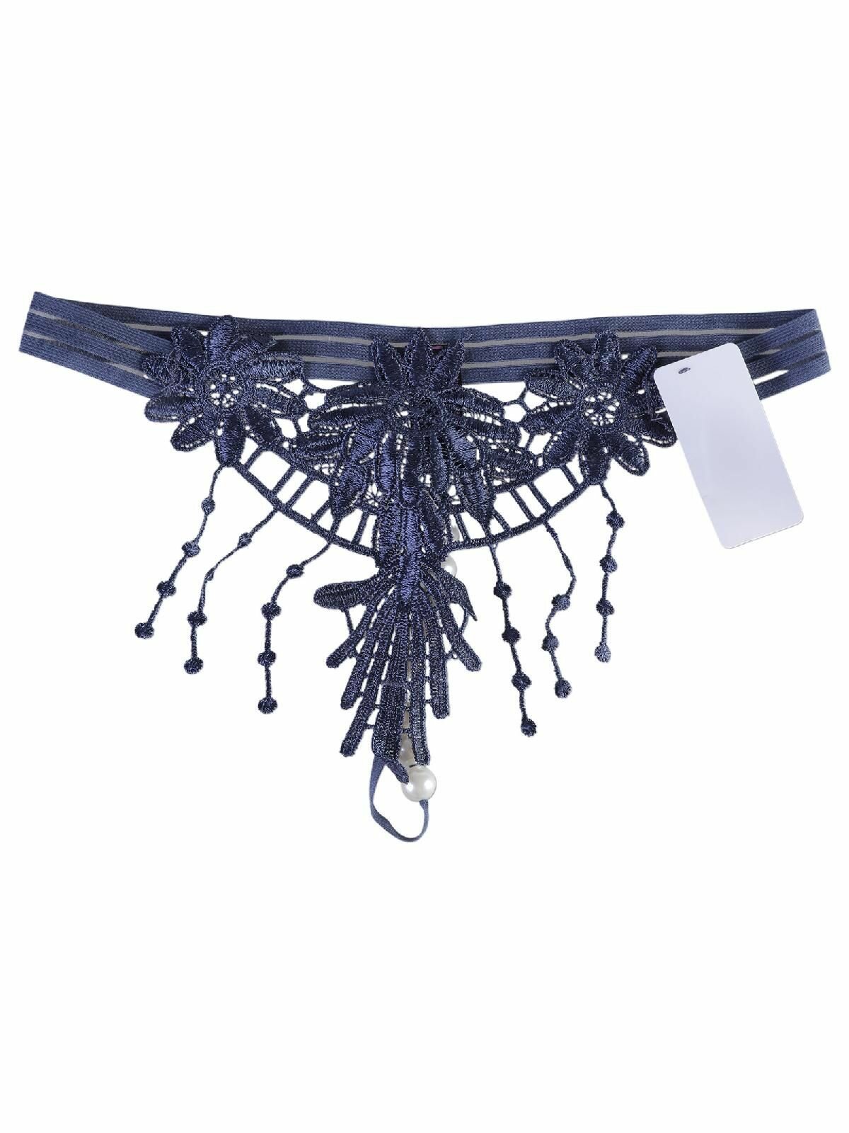 Женские стринги с вышивкой и жемчугом, серо-голубой - Один размер подходит всем