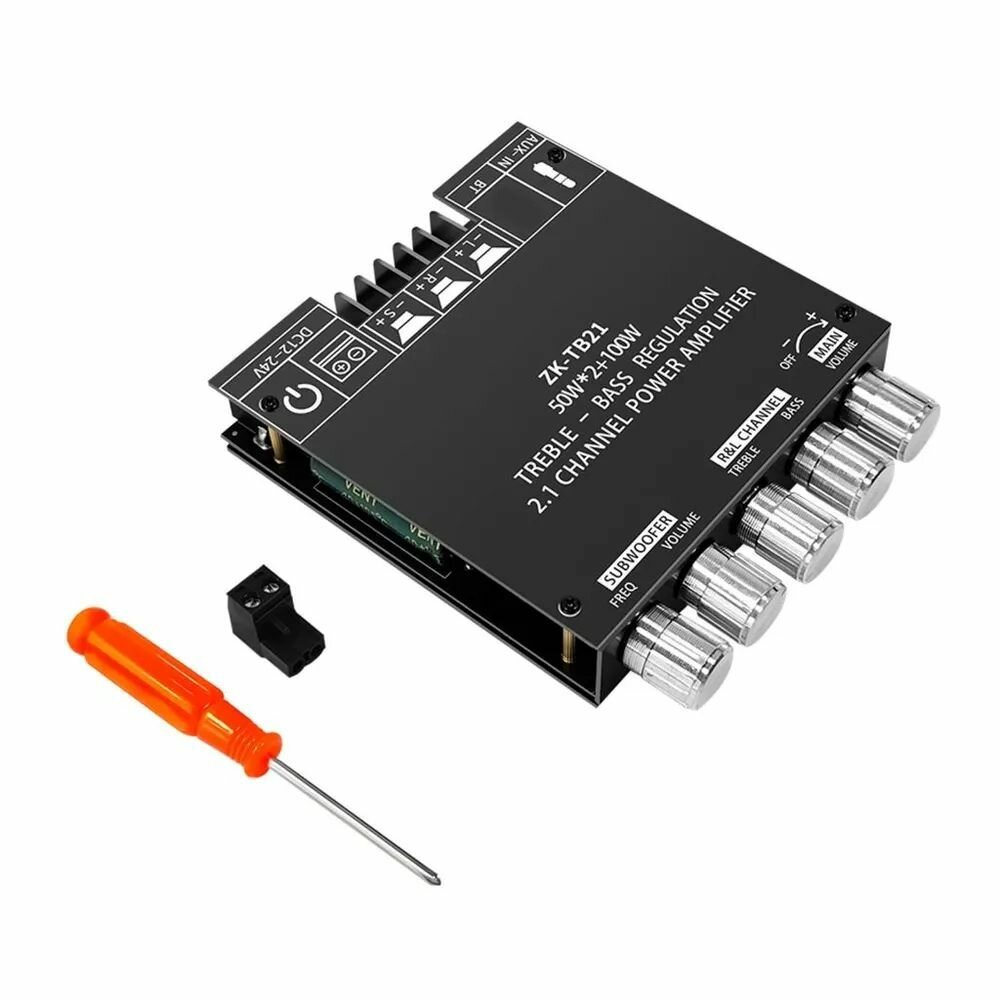Усилитель мощности аудио с улучшенным чипом TPA3116D2, вход: 3,5 jack AUX и Bluetooth 5.1, Выход: колонки 50 Вт * 2 шт + 100w бас ZK TB21