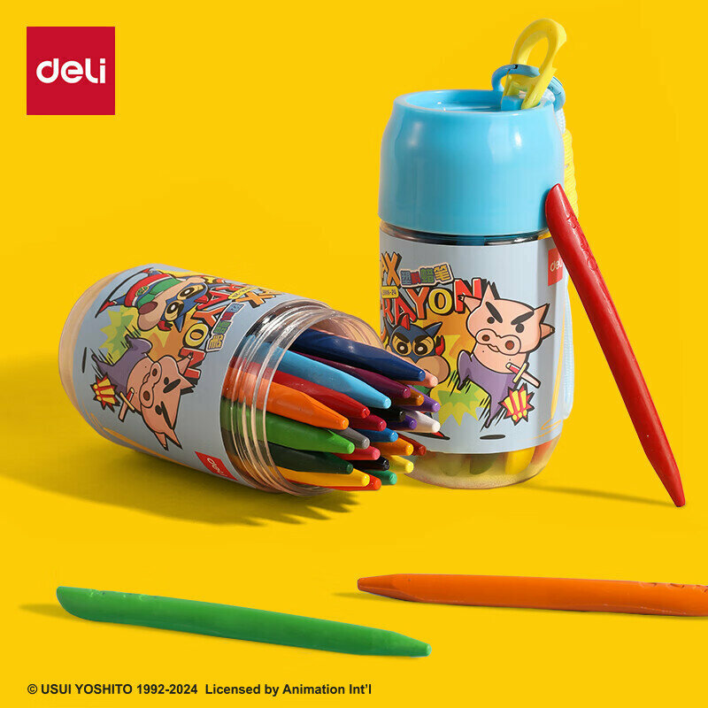 Deli 24 Colors Crayons Little New Triangular Plastic Crayons (24 Colors/Barrel) Easy-to-Clean Can Shape, Double-Ended Washable Children's Coloring Pen Art Drawing Stick LB906-24 Fine Arts Sketching