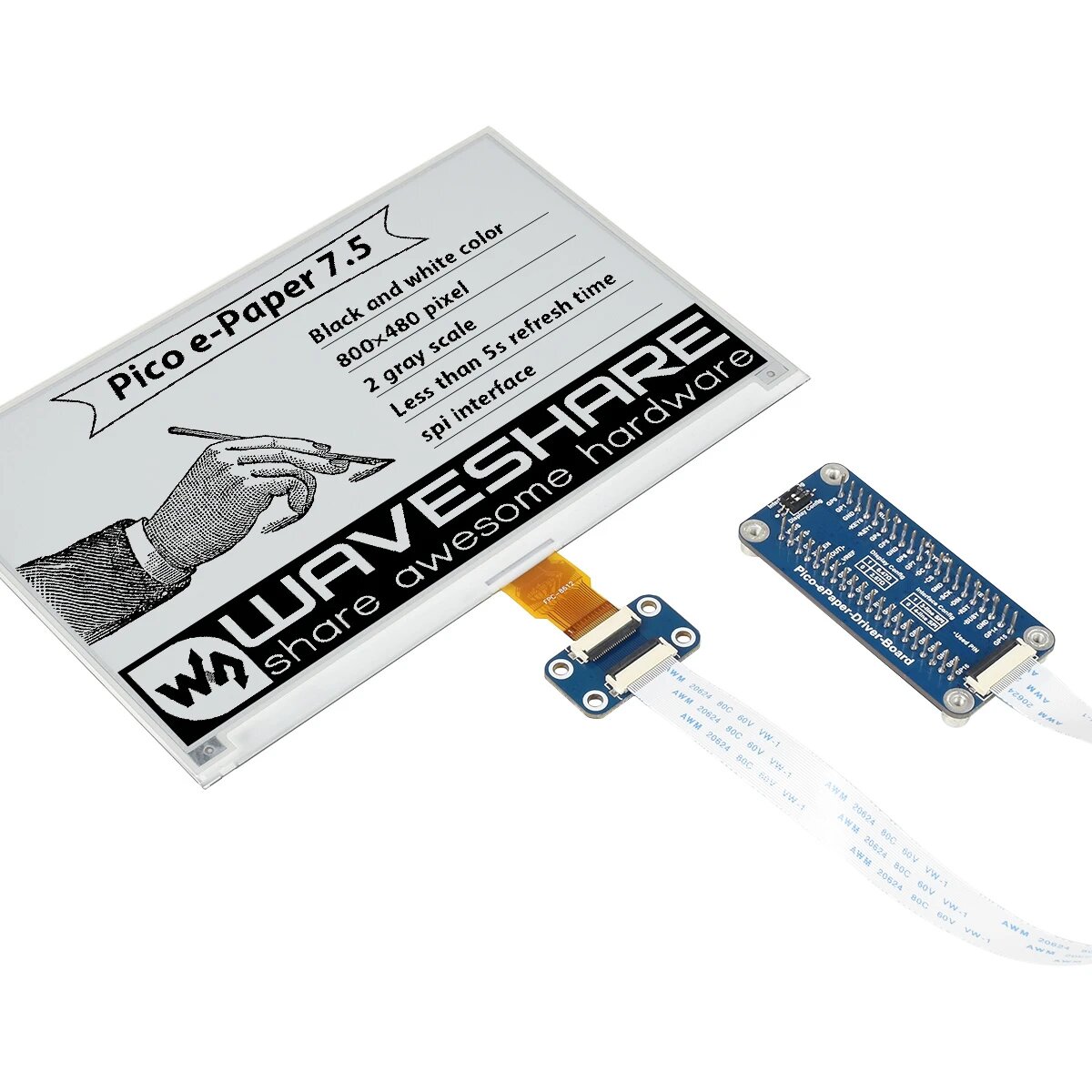 Waveshare 7.5-дюймовый E-Paper дисплей для Raspberry Pi Pico