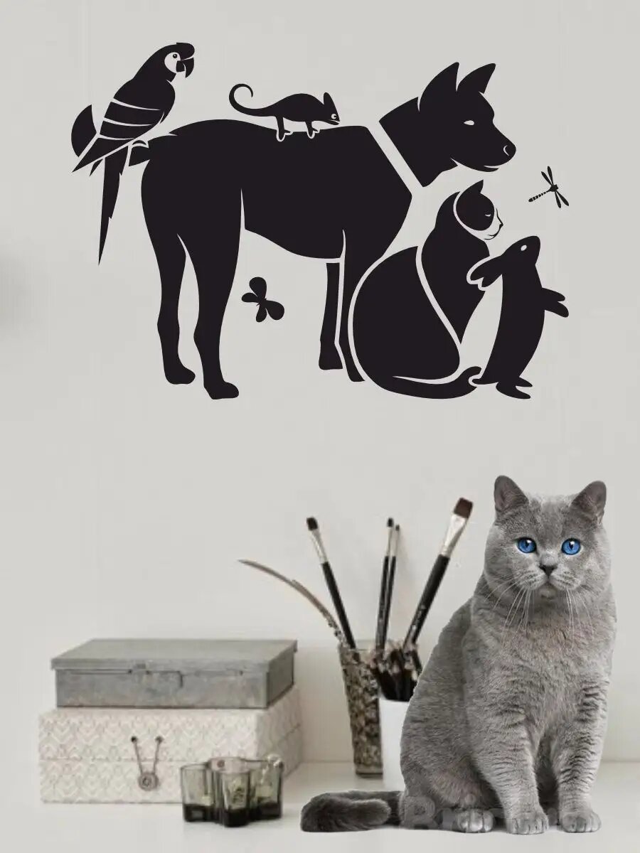 Наклейка на стену для декора интерьерная Собака Кошка