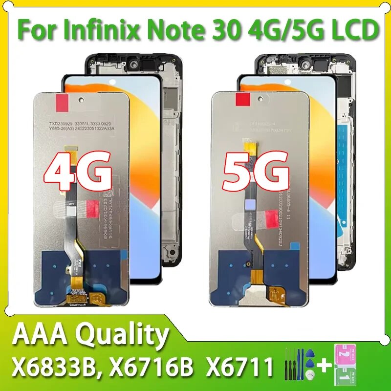 X6833B X6716B X6711 Премиум ЖК-дисплей для Infinix Note 30, 4G, дигитайзер сенсорного экрана, замена экрана Note30 5G 4G Black With Frame