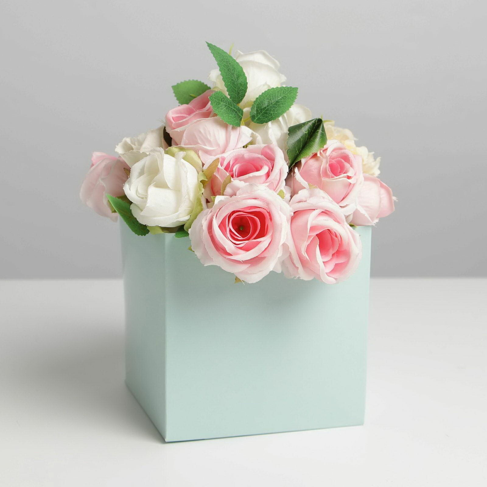 Коробка для цветов с PVC крышкой, мятная, упаковка подарочная, 12x12x12 см