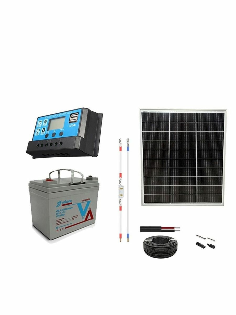 Комплект солнечной стации из панели и контроллера заряда PWM и АКБ 33Ач, для заряда аккумулятора, телефона, 50Вт, 12В