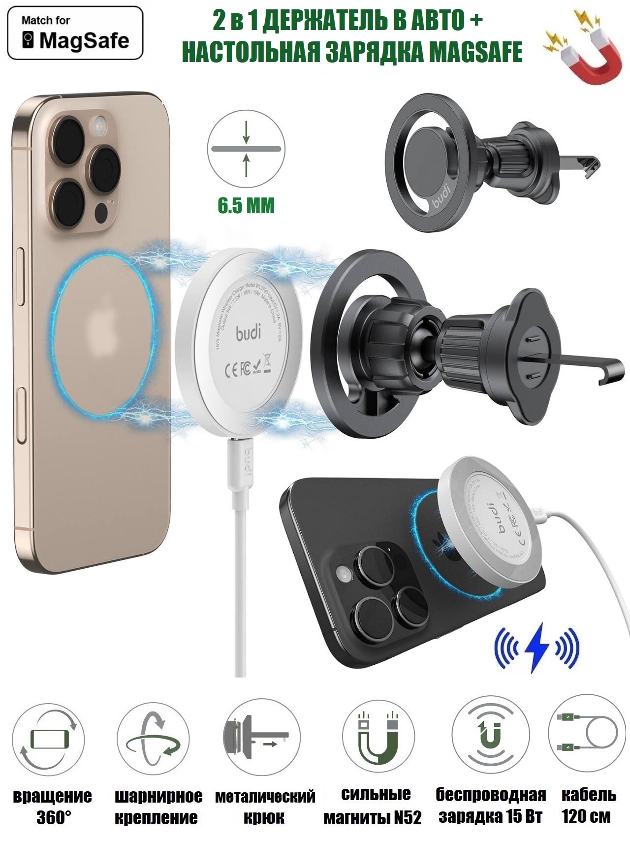 Автомобильный держатель Магсейф на вентиляционную решетку с беспроводной зарядкой для iPhone Air, 12 - 17 серий