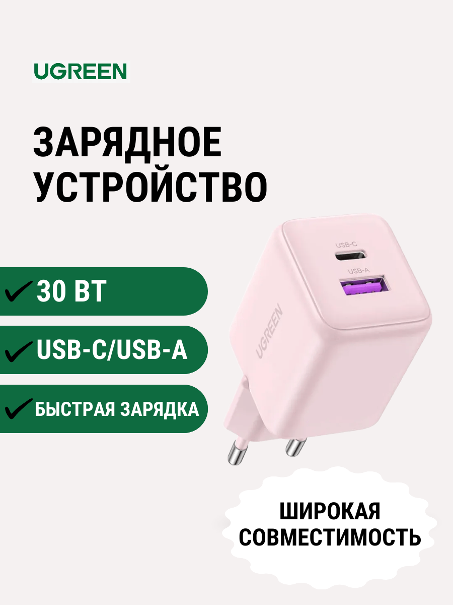 Сетевое зарядное устройство Ugreen X516 USB-C+USB-A GAN 30W (65017) розовый