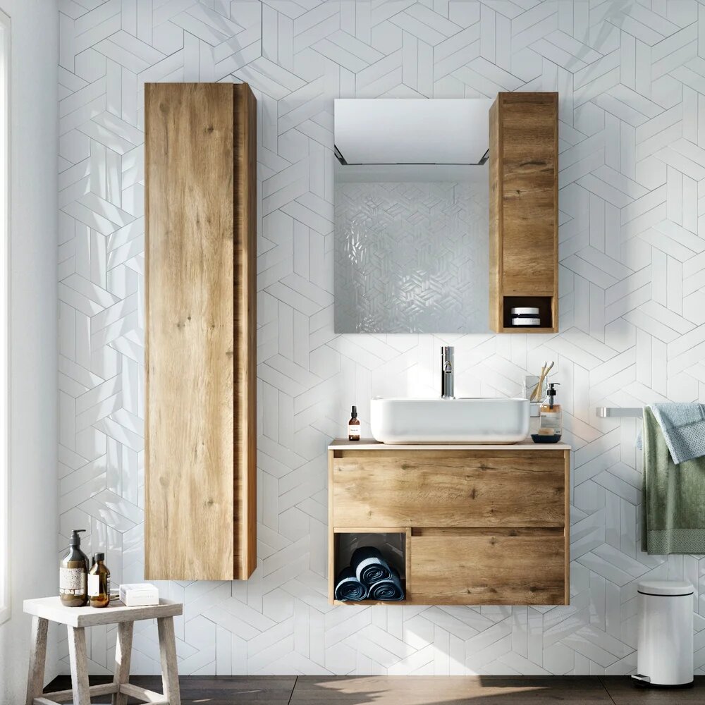 Мебель для ванной комнаты STWORKI Карлстад 75 дуб рустикальный, роверелла, в стиле лофт, под дерево, российская