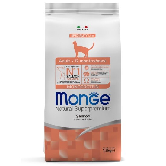Корм сухой Monge Cat для взрослых кошек с лососем 1,5 кг