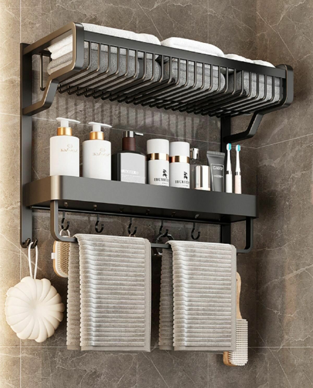 Полка для полотенец и шампуней с крючками 47 см