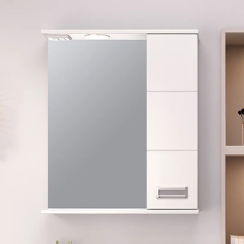 Зеркало Emmy Монтана 50 R со светодиодной подсветкой, с полкой, со шкафчиком, 50 см, с розеткой, белое