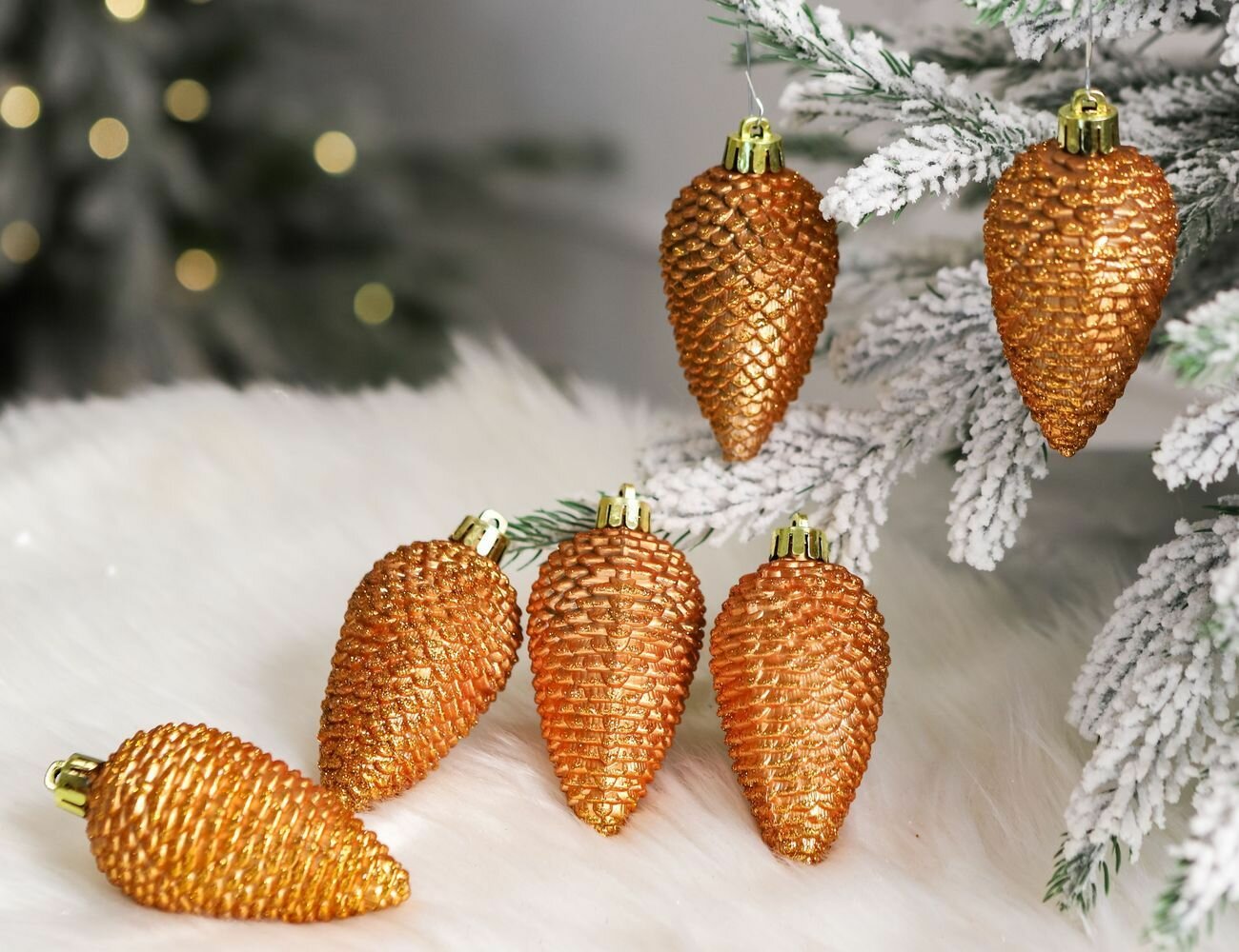 Набор шишки еловые, янтарный, пластик, 8 см, 6 шт, Kaemingk 028660