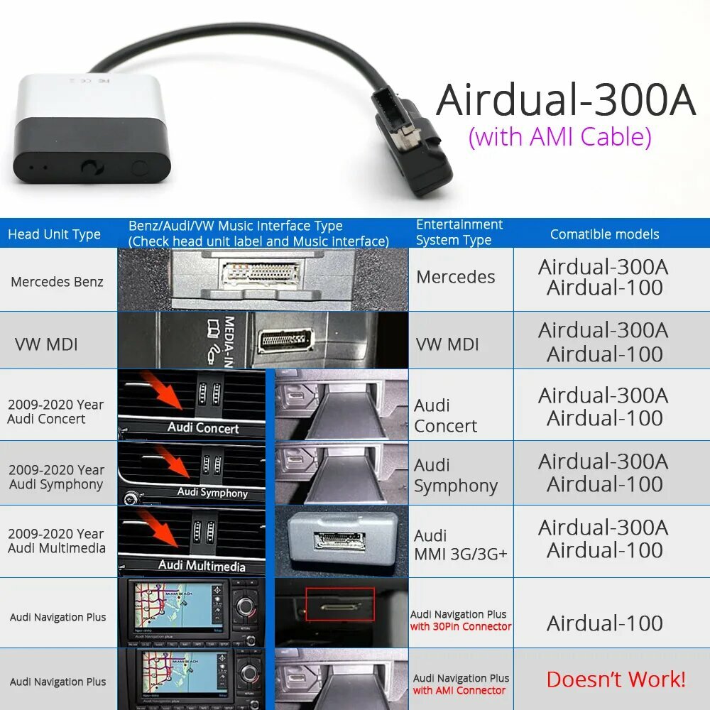 Автомобильный комплект с Bluetooth, музыкальный приемник Airdual для Mercedes Benz MMI, медиа-интерфейс, AUX Кабель-адаптер для Audi VW MDI AMI, for BENZ