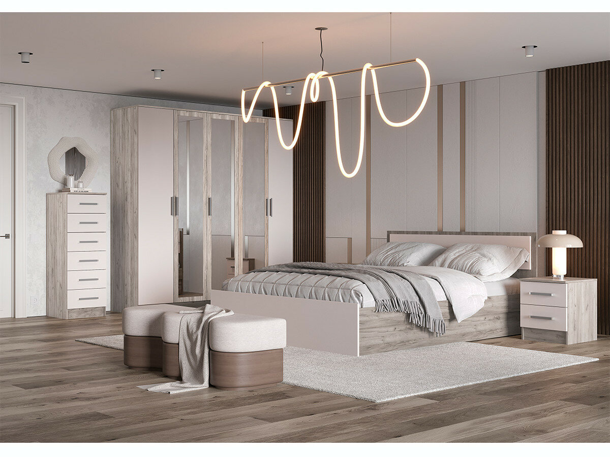 Модульная спальня №3, лаконичный дизайн, Дуб крафт серый/Кашемир