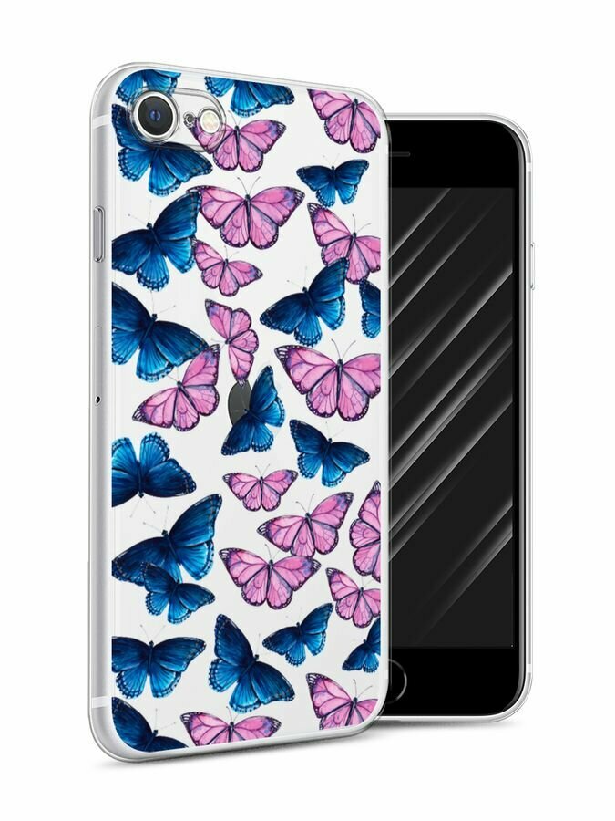 Чехол на Apple iPhone 7 / Айфон 7 с принтом Розовые и голубые бабочки, прозрачный