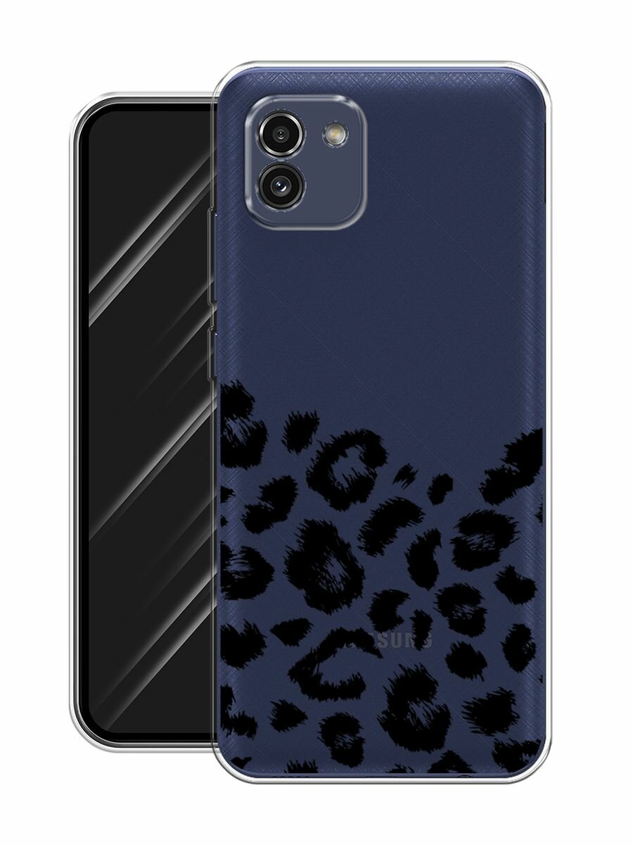 Чехол на Samsung Galaxy A03 / Самсунг Галакси А03 с принтом "Окрас леопарда фон черный", прозрачный — фото 1