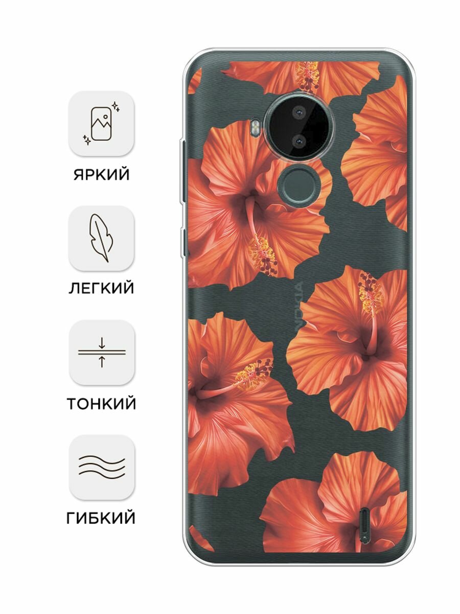 Чехол на Nokia C30 / Нокия C30 с принтом "Рыжие гибискусы", прозрачный — фото 1