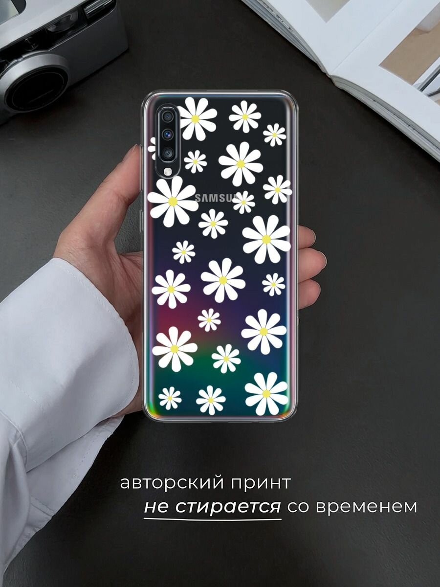 Чехол на Samsung Galaxy A70 / Самсунг Галакси А70 с принтом "Большие ромашки", прозрачный — фото 1