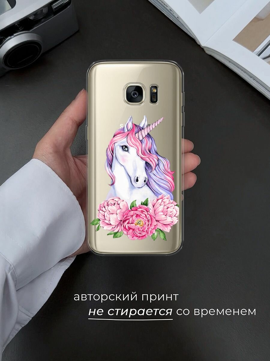 Чехол на Samsung Galaxy S7 / Самсунг Галакси С 7 с принтом "Единорог с пионами", прозрачный — фото 1