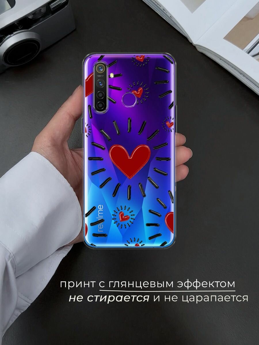 Чехол на Realme 5 Pro / Реалми 5 Про с принтом "Бордовые сердца паттерн" — фото 1