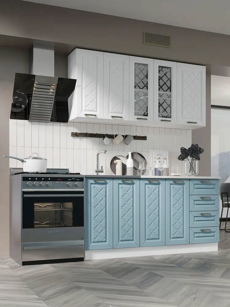 Кухонный гарнитур МДФ 1,6 м в стиле Прованс, белая акация/аква