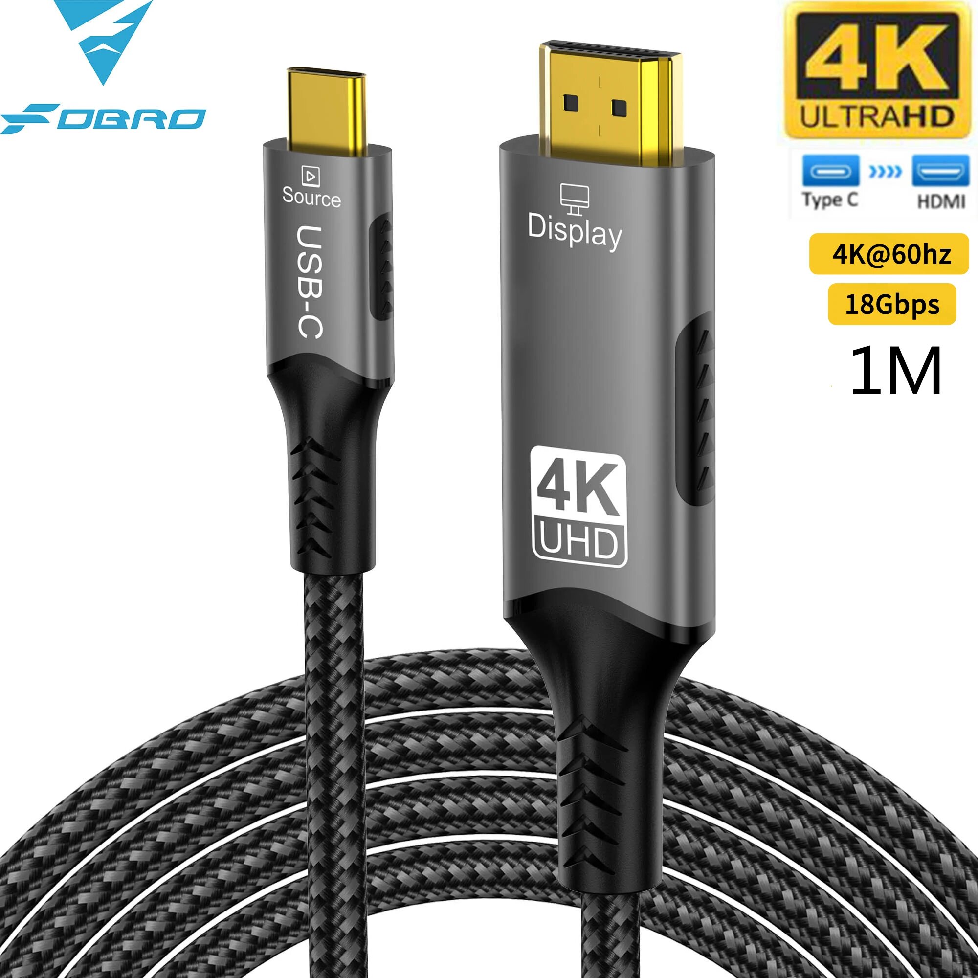 Кабель USB-C - HDMI 4K 60Hz, 1M, черный