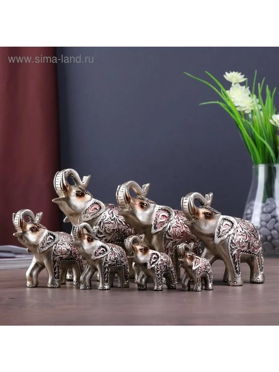 Сувенир полистоун "Слоны, попона в листьях" набор 7 шт h=5;5