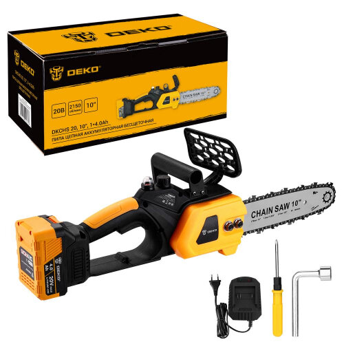 Пила цепная аккумуляторная бесщеточная Deko DKCHS 20, 10", 20В, 1x4.0Ач, з/у (083-2000)