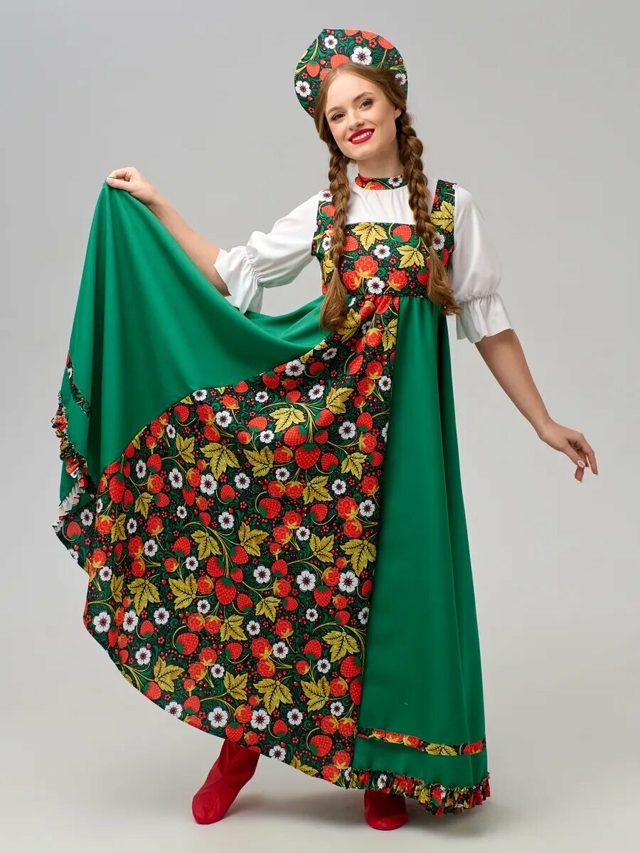 Русский народный костюм сарафан платье с кокошником, зеленый, S/M (44-46)