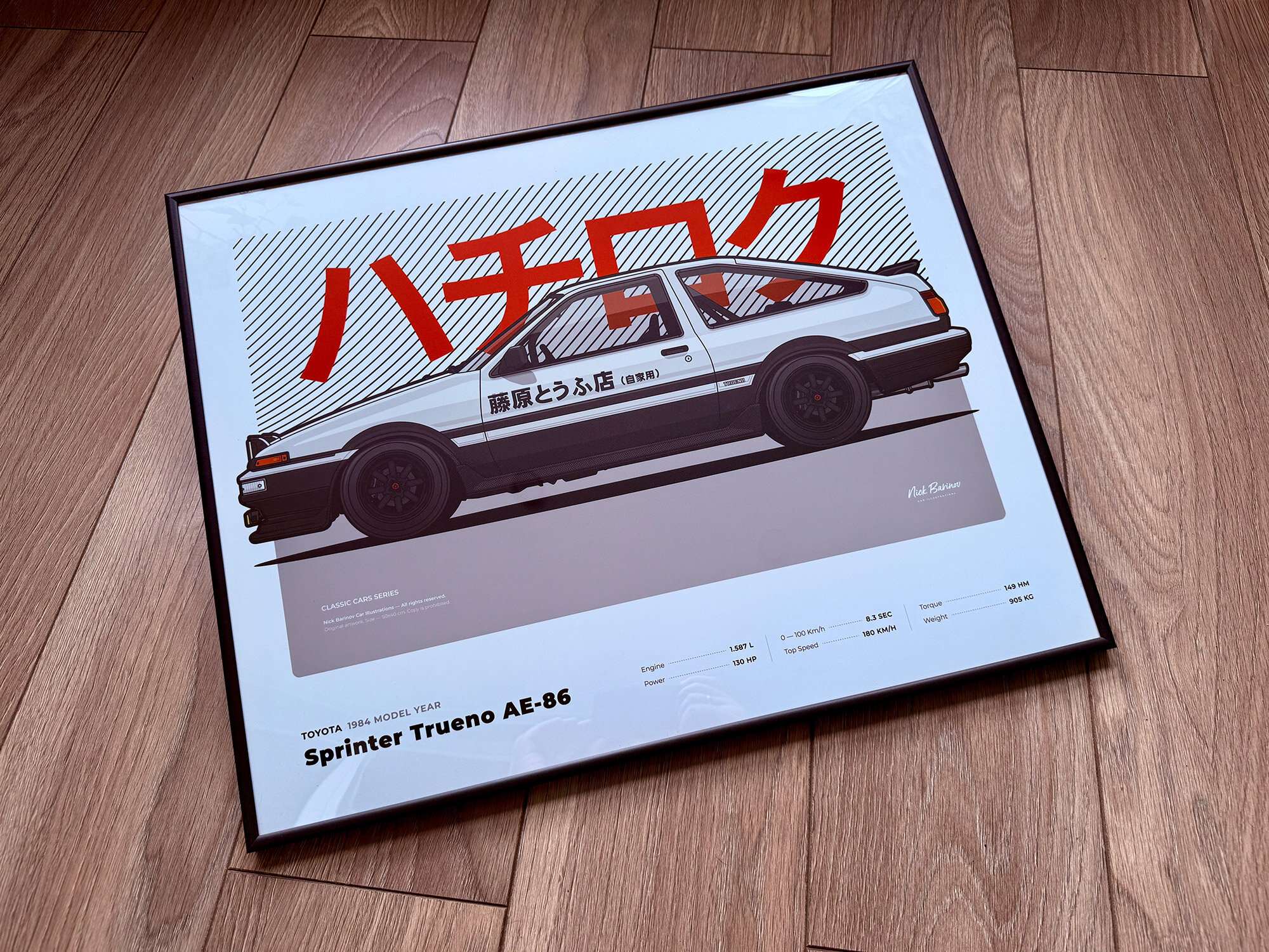 Плакат, картина, постер с авто в раме Toyota AE86 Hachiroku (Sprinter Trueno — Inital D) / плакат на стену (40х50см)