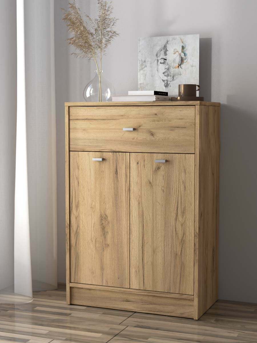 Комод для вещей деревянный в прихожую с ящиком и дверками 60*88.8*33.4, дуб крафт золотой