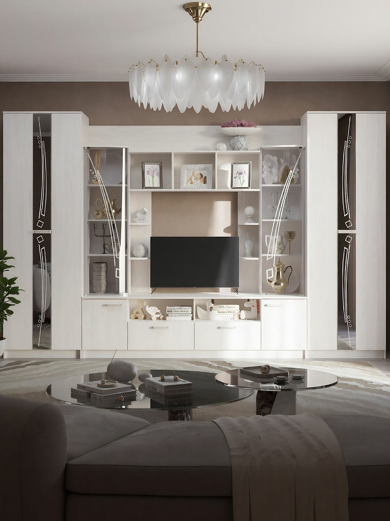 Гостиная комплект Венеция, тумба под телевизор, шкаф-витрина,340х53.2х220 см, Белый ясень, ЛДСП / Стекло