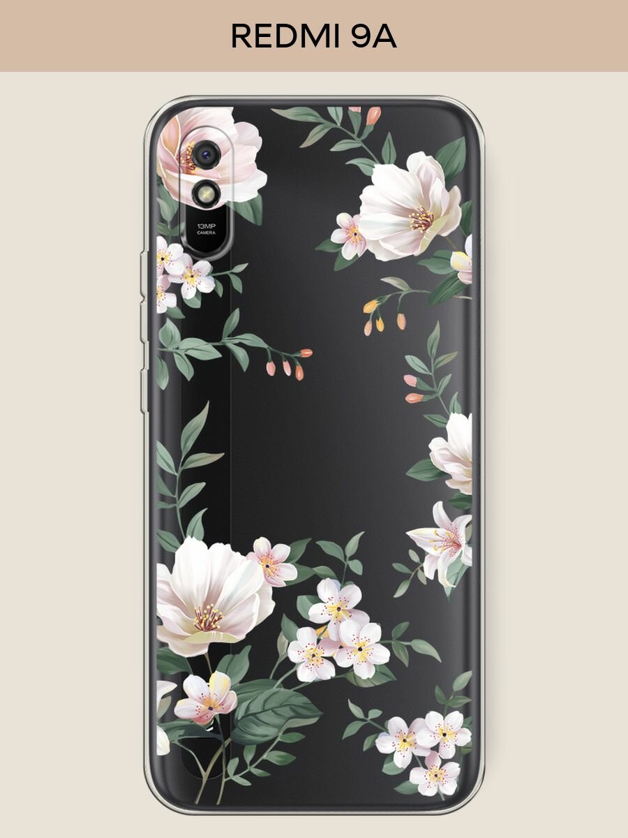 Чехол на Xiaomi Redmi 9A / Сяоми Редми 9А с принтом "Beautiful white flowers", прозрачный