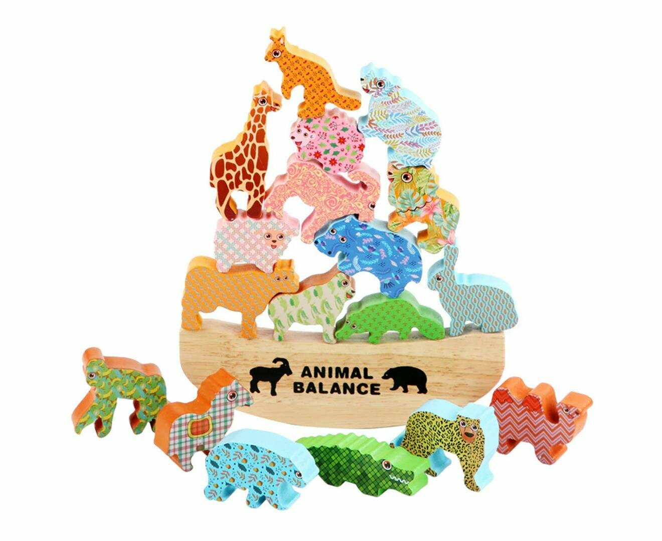 Игрушка для раннего образования деревянные строительные блоки "Stacking High Animal Balance Boat" размер 16.5cm x 16cm x 4.8cm, материал дерево, в комплект входят 1 шт. Баланс-лодка и 18 шт. Животные строительные блоки, подарок для магазина A