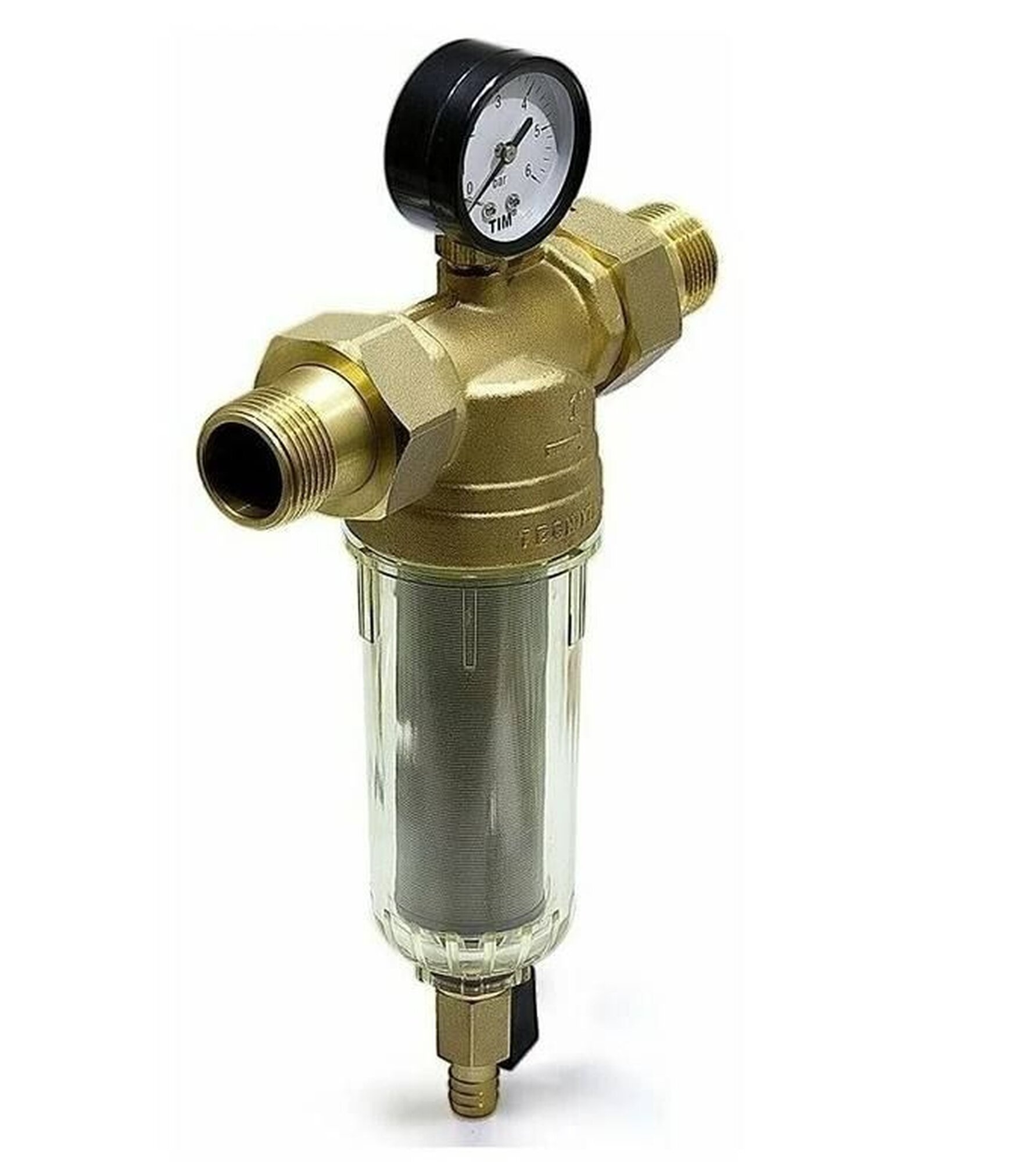 Фильтр самопромывной 3/4" НР для холодной воды с манометром американками и сливным краном, прозрачный корпус TIM арт. JH-2002