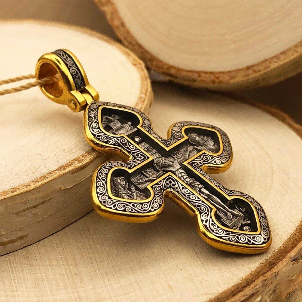 Крестик, серебро, 925 проба, золочение, чернение