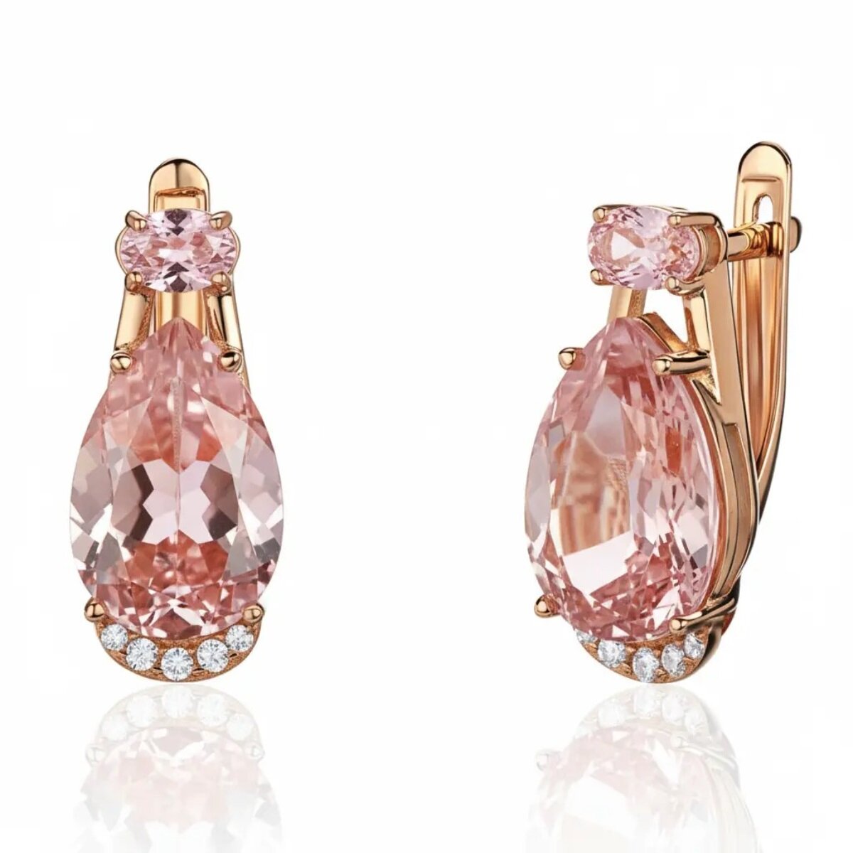 Серьги, красное золото, 585 проба, морганит, фианит