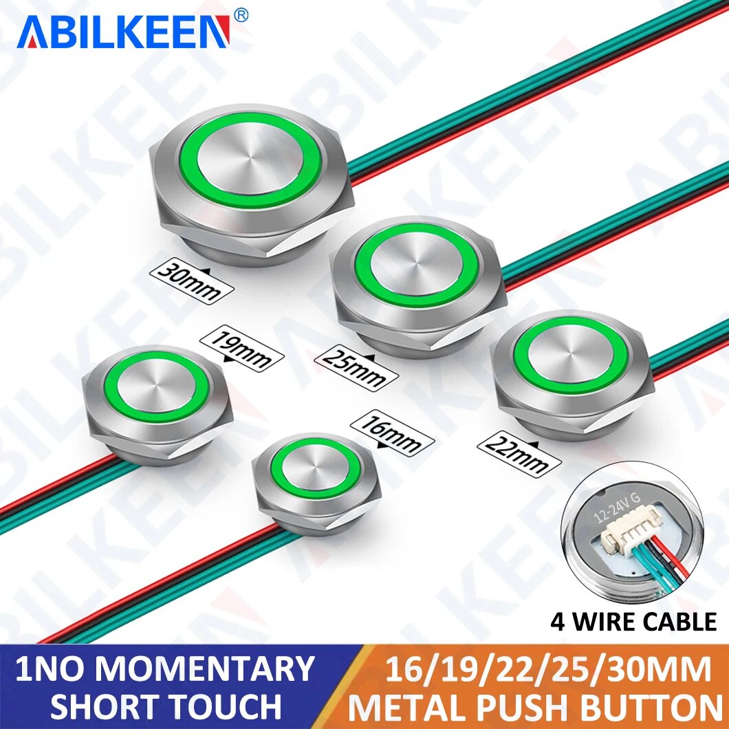 ABILKEEN Металлический кнопочный переключатель 16MM, Green Light, 110-220V