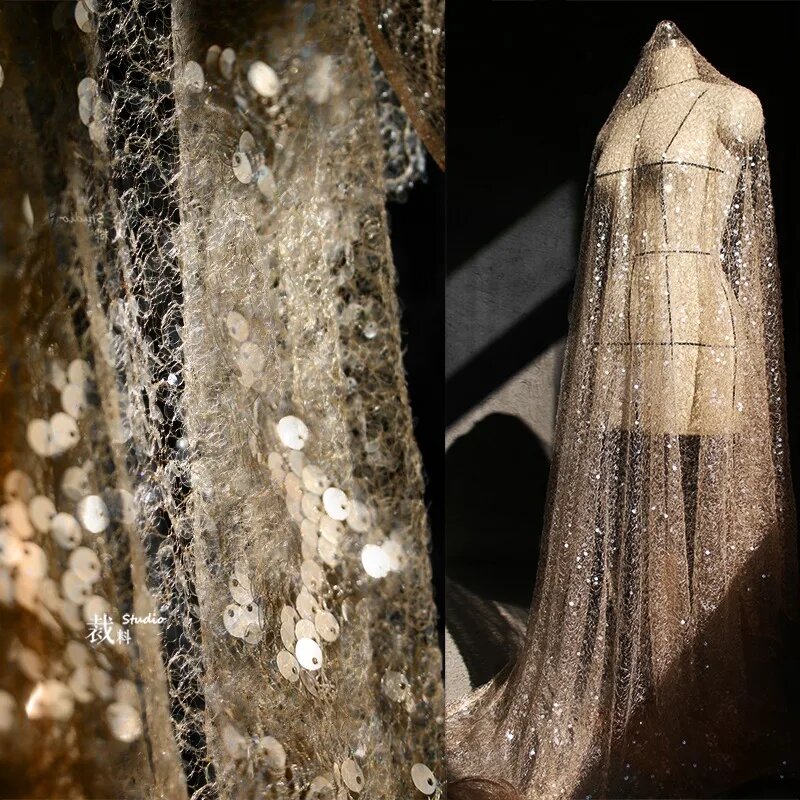 Прозрачная блестящая золотистая сетчатая ткань с бисером 100cm